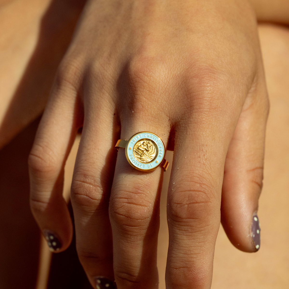 St. Christopher Ring - Gold / Baby Blue – Get Back Necklaces